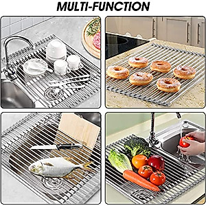 Over Sink Dish Drying Rack, 304 Stainless Steel Roll Up Dish Drainer, Silicone Anti-Slip Roll Out Dish Rack Rolling Flat Sink Rack Mat Foldable Multipurpose for Kitchen Counter (17.7"x16.5")