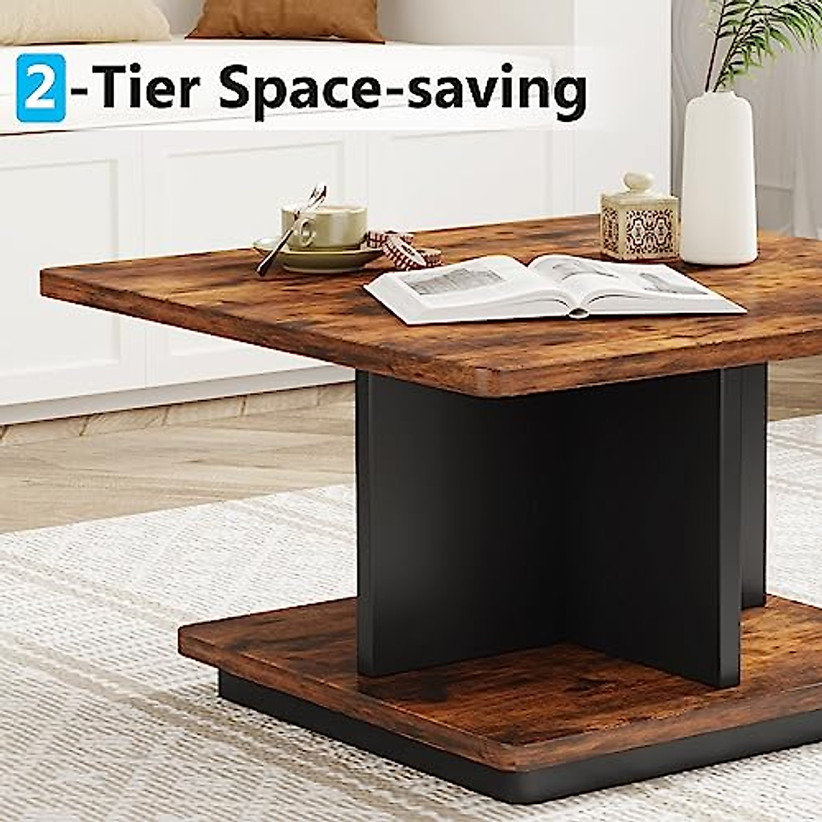 Tribesigns Wood Square Coffee Table: 31.5 Inches 2 Tiers Farmhouse Coffee Table, Wooden Rustic Coffee Table with Storage, Mid Centry Modern Home Furniture for Living Room, Brown