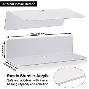 Yulejo 9 Inch Floating Shelves Acrylic Wall Mounted Shelf Acrylic Display Shelf Self-Adhesive Wall Shelves for Bedroom, Gaming Room, Living Room, Bathroom, Office with Cable Clips (White,8 Pieces)