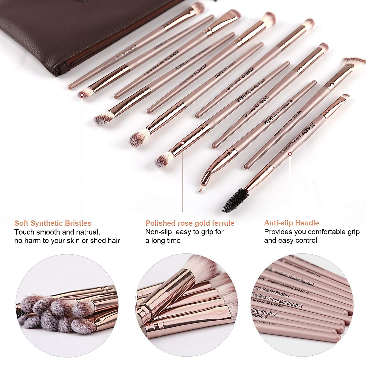 Z'OREYA Eye Makeup Brushes, 12 Pcs Professional Eye Brush Set Eyeshadow, Eyebrow, Blending, Fan, Eyelash Brush Set With Carrying Bag(Champagne Gold)