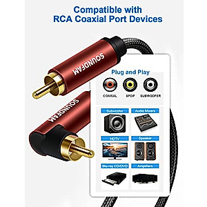 SOUNDFAM 90 Degree RCA Cable 10ft/3M Right Angle Subwoofer Cable S/PDIF Digital Coaxial Audio Cable - [24K Gold-Plating, Dual Shielded] - Wine Red