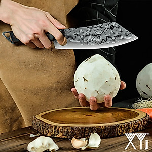 XYJ FULL TANG Camping Kitchen Knives Set With Knife Holder&Chef's Bag&Sharpener Rod 7 7.5 8 9 Inch Slicing Knife For Meat Vegetable Knives Block Set (Large Texture)