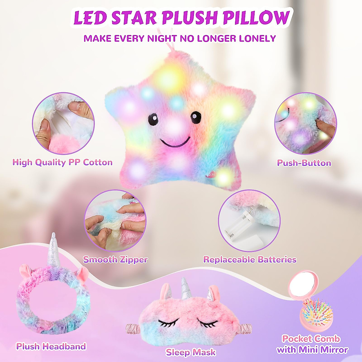 Unicorns Gifts for Girls 5 6 7 8 9 10+ Years Old, Kids Unicorn Toys with Light Up Plush Star Pillow/ Diary/ Headband/ Eye Mask/ Water Bottle, Soft Plush Toys Set for Teens Birthday Gifts Christmas