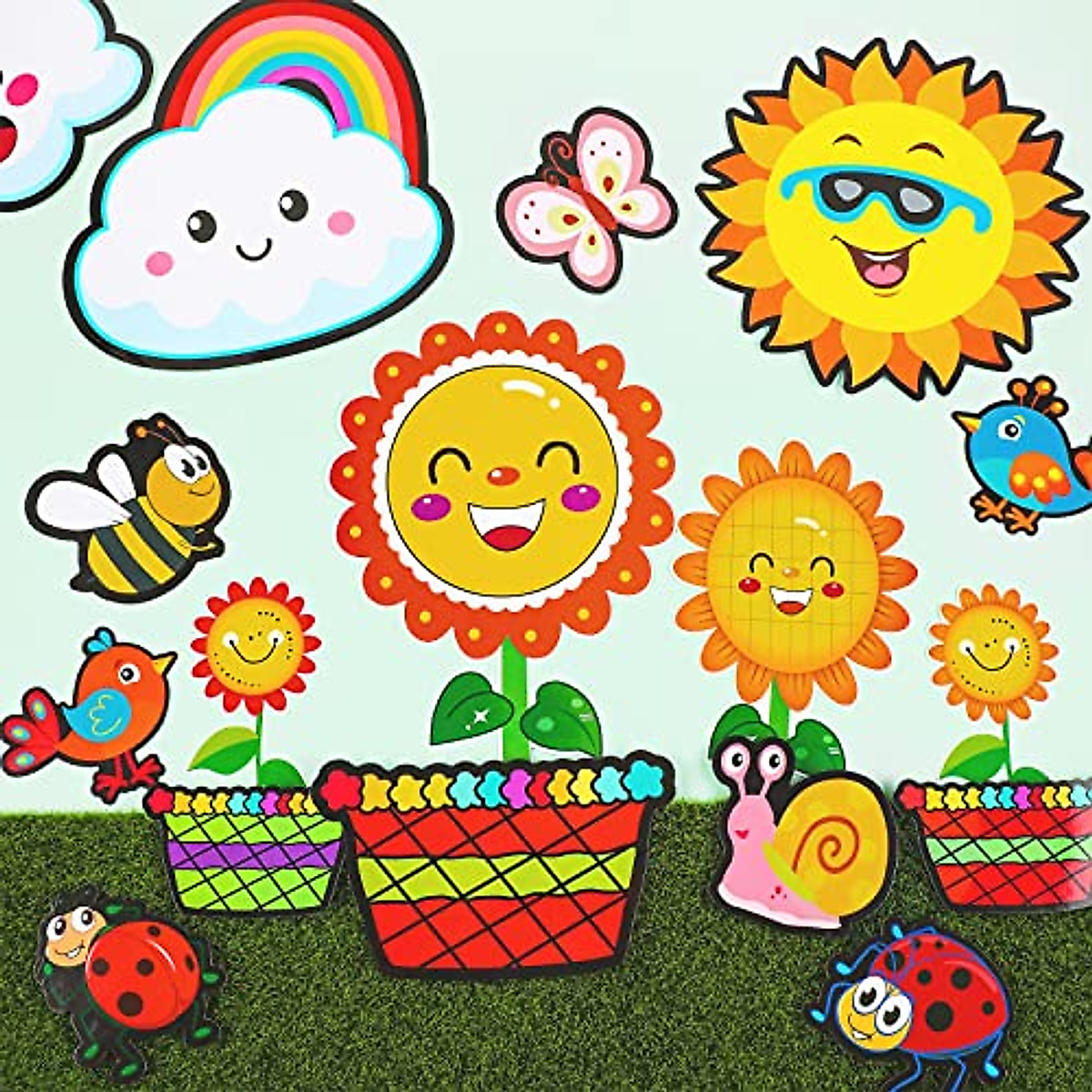 34 Pieces Spring Sunflower Classroom Bulletin Board Set Springtime Blooms Flowers Cutouts Colorful Butterfly Bee Bird Sun Clouds Cutouts When We Learn We Grow Bulletin Board Decor