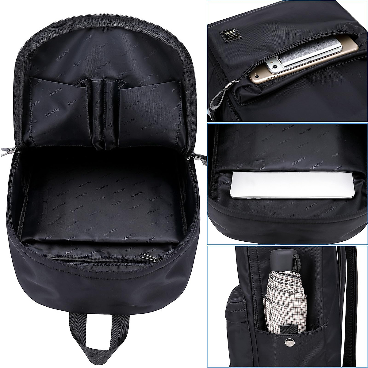 weiatas Black Laptop Backpack for Men Women with USB Charging Port, College Bookbag with Laptop Compartmen, Work Travel Computer Rucksack with Luggage Strap