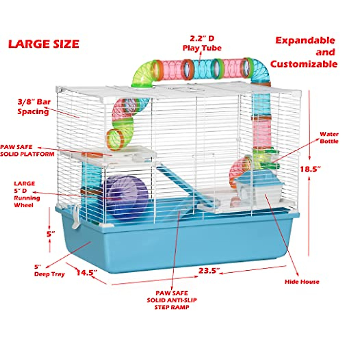 Large Deluxe 3-Tiers Hamster Gerbil Mouse Mice Habitat House Critters Cage with Complete Set of Accessories Expandable and Customizable