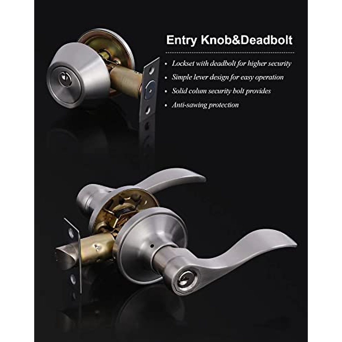 Keyed Alike Front Door Lever Lockset with Single Cylinder Deadbolt Combination Set, Exterior Door Knob with Lock and Deadbolt, Satin Nickel Finished, 2Sets
