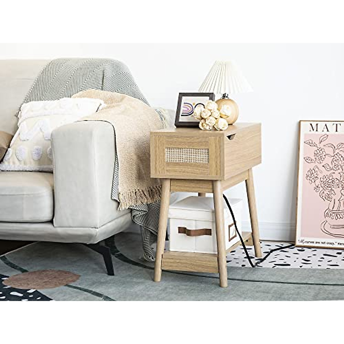 Labcosi Natural Rattan Side Table, Flip Top Nightstand with Charging Station, Mid Century Modern End Table for Living Room and Bedroom, Table with Storage Shelf