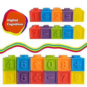 Ganowo 12PCS Mini Soft Stacking Blocks Toys, Educational Squeeze Teeth Baby Toys with Numbers Animals for 6 Months Up Baby Building Blocks Christmas Stocking Stuffers for Baby Toddlers Gifts