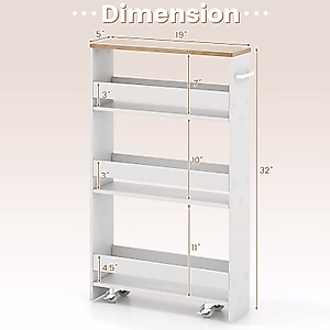 COSTWAY Slim 4-Tier Rolling Utility Cart, Wooden Shelving Unit with Handle & Wheels, Ideal for Small Spaces