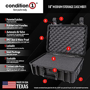 Condition 1 Medium Waterproof Hard Case with Foam, Heavy-Duty Protective Portable Storage Travel Hard Shell Carrying Cases for Camera, Electronics, Tools, Tactical Gear, 18" x 14" x 7"#801, Black