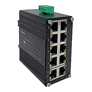 Hardened Industrial Gigabit Compact Ethernet Switch 10-Port 10/100/1000BASE-T RJ45 with auto-MDI/MDI-X Function 10/100Mbps Half/Full Duplex and 1000Mbps Full Duplex 12~48VDC Wide Range Power Input