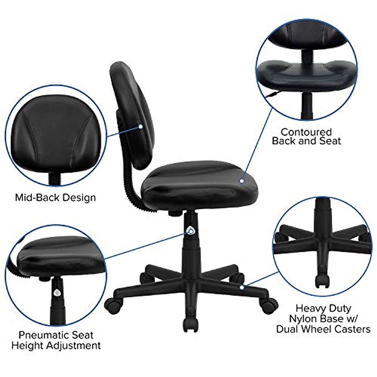 Flash Furniture Ronald Mid-Back Black LeatherSoft Swivel Ergonomic Task Office Chair with Back Depth Adjustment