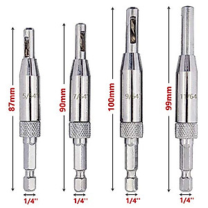 Saiper 4pcs HSS Door Self Centering Hinge Hole Opening Drill Bit Set, 1/4" Hex Shank Doors Cabinet Hinge Drill Bits Tool Set (5/64", 7/64", 9/64", 11/64")