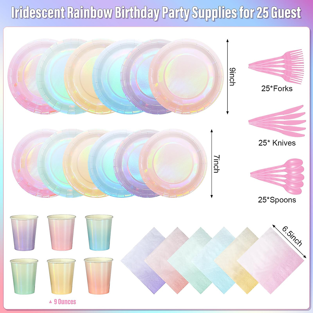 Iridescent Pastel Plates and Napkins Serve 25, Pastel Rainbow Holographic Party Plates Supplies, Disposable Paper Plates Napkins Cups Knives Forks for Birthday Wedding Baby Shower Party Decorations