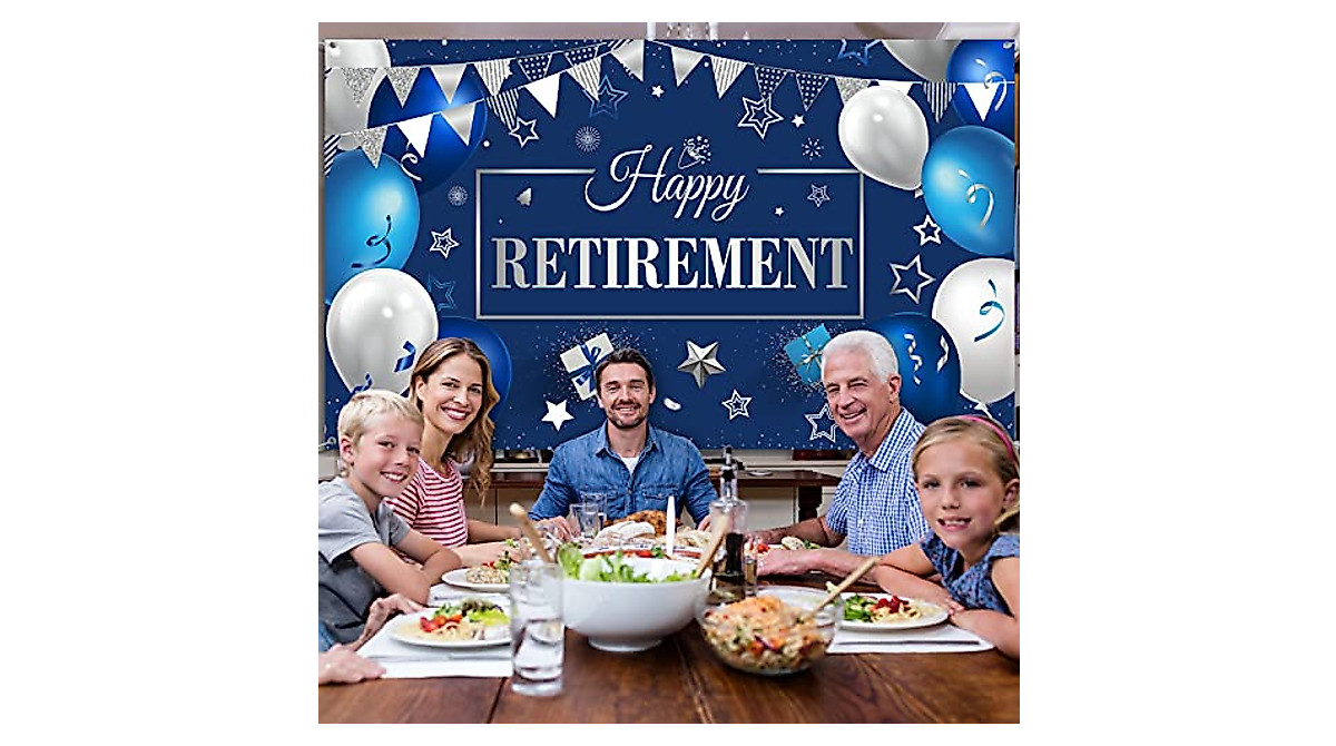 Retirement Party Decorations - Large Fabric Sign Banner in Blue & Silver