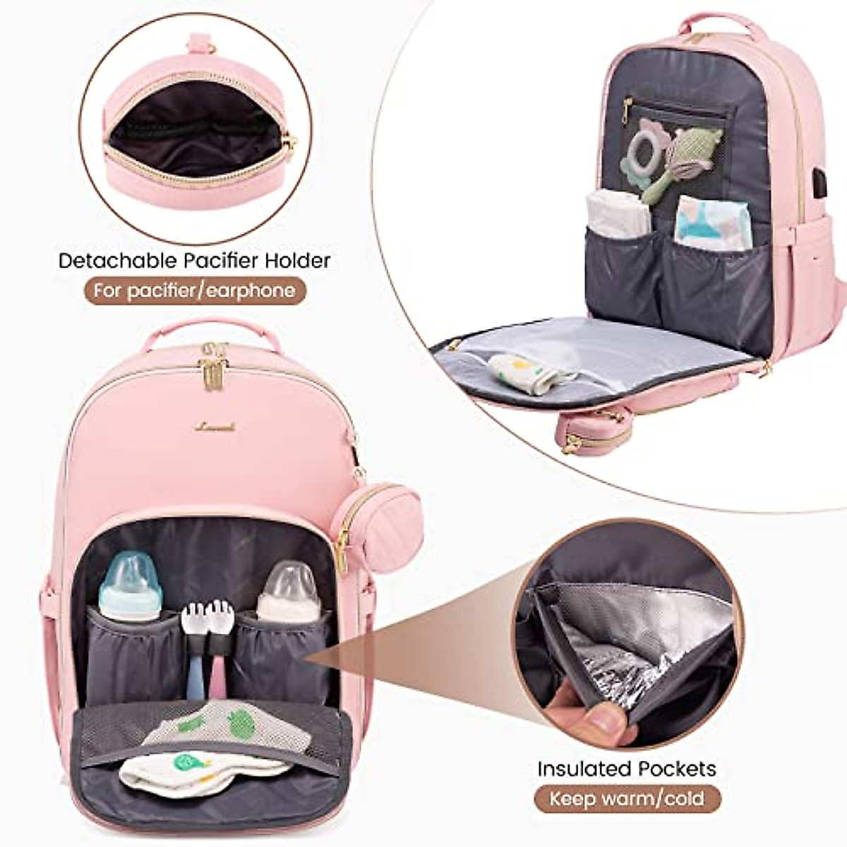 LOVEVOOK Diaper Bag Backpack, Quilted Baby Bag with Changing Pad & Pacifier Holder, Waterproof Travel Diaper Bags with USB Charging Port for Baby Boys Girls, Stylish and Large Capacity,Pink