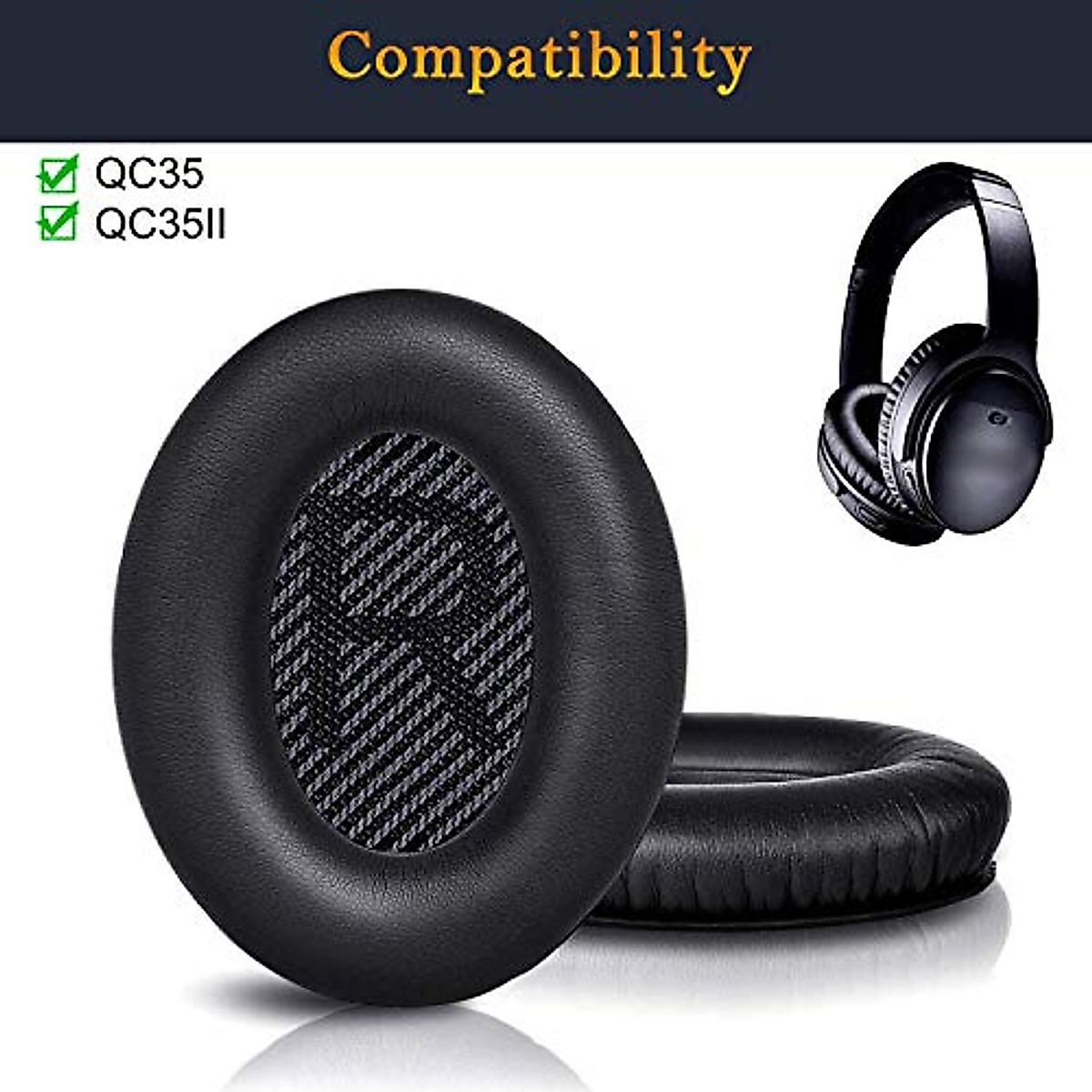 Professional Replacement Earpads Cushions for Bose QuietComfort 35 (QC35) & Quiet Comfort 35 II (QC35 ii) Headphones, Ear Pads with Softer Leather, Noise Isolation Foam, Added Thickness (Black)
