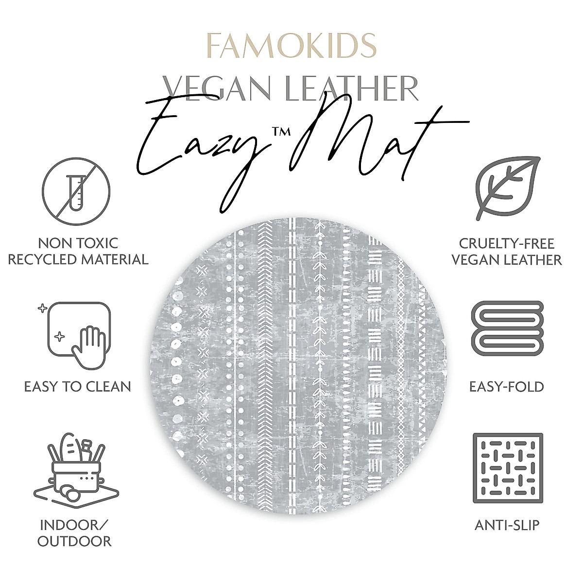 Famokids - Eazy Vegan Leather Mat, Baby Splat Mat for Under High Chair, Non-Toxic & Waterproof Mat Kids Play Mat, Floor Mat, Outdoor Mat, Lightweight, Round, 47 inches, Smoke