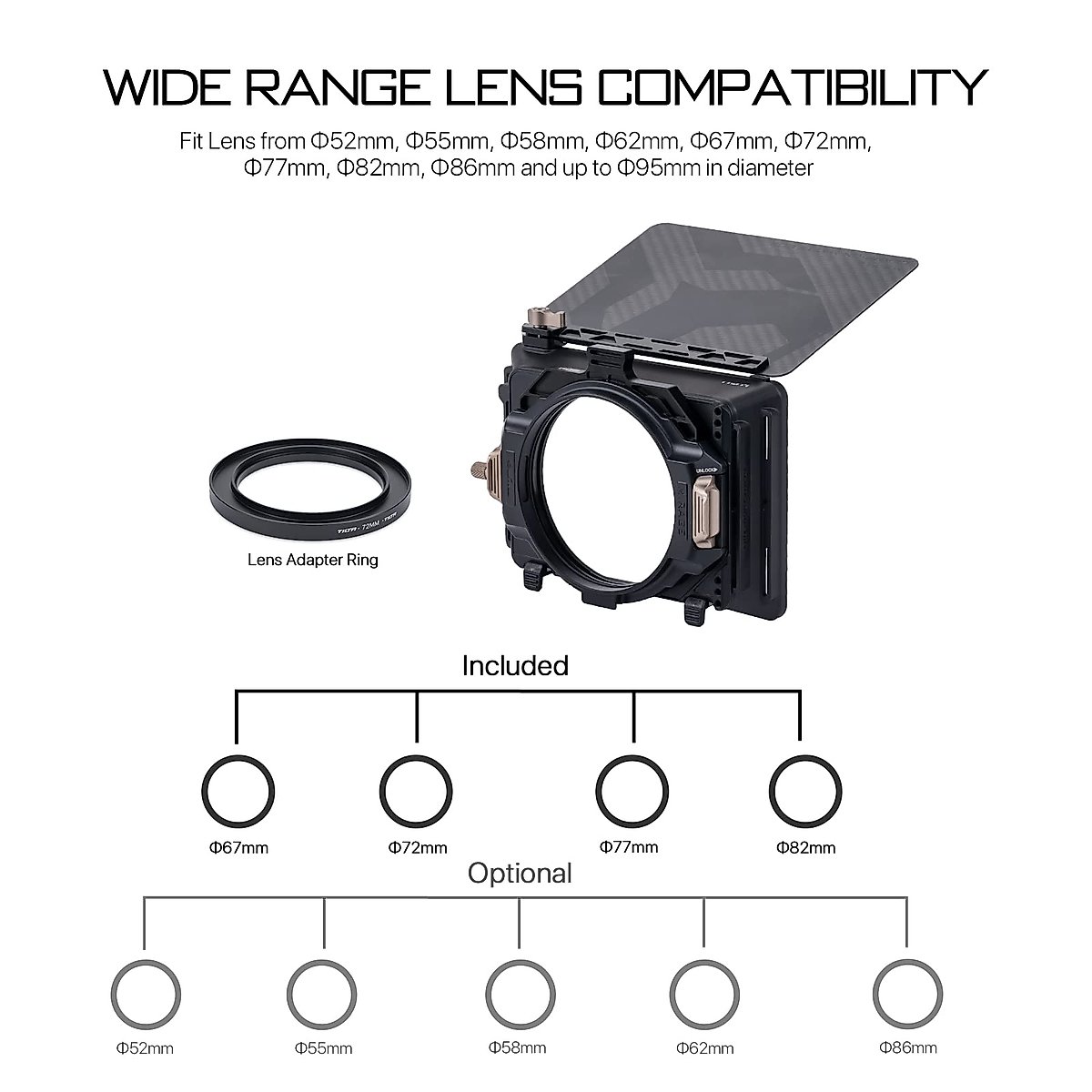 Tilta Mirage Matte Box | 4” x 5.6” and New 95mm Circular Filters | (67/72/77/82mm) Adapter Rings | Lightweight | Cartridge Filter Design | Prevents Vignetting | (Matte Box)