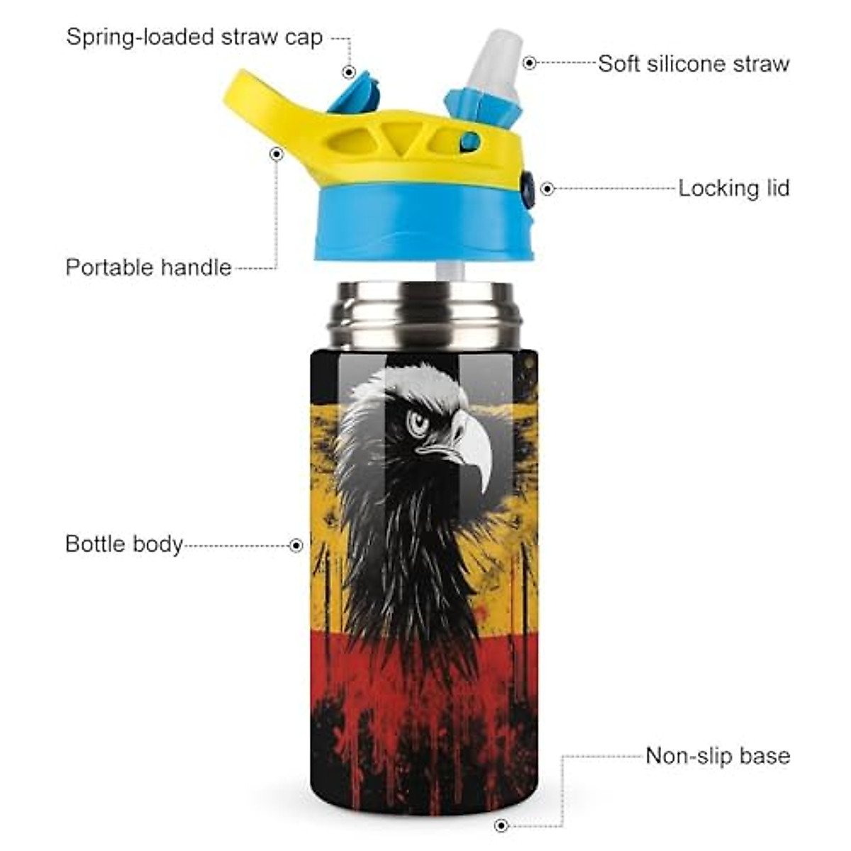 Stainless Steel Water Bottles Germany Flag Eagle Travel Water Cups with Handle And Silicone Straw Drinking Cup with Leak Proof Lid Thermo Travel Mug for Women Men