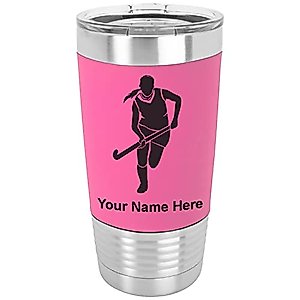LaserGram 20oz Vacuum Insulated Tumbler Mug, Field Hockey Woman, Personalized Engraving Included (Silicone Grip, Pink)