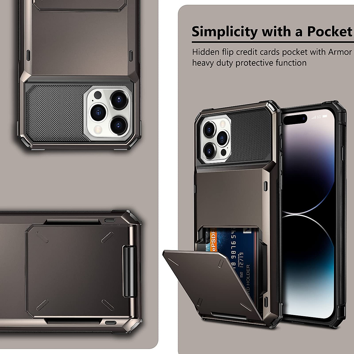 Vofolen for iPhone 14 Pro Max Case Wallet Cover 4-Card Credit Card Holder ID Slot Scratch Resistant Dual Layer Hybrid Protective Hard Shell Rugged TPU Bumper Armor Case 6.7 inch Gun