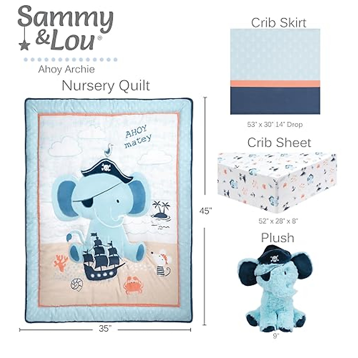 Sammy & Lou Ahoy Archie 4-Piece Baby Nursery Crib Bedding Set for Boys, Includes Quilt, Fitted Crib Sheet, Crib Skirt, and Plush Toy