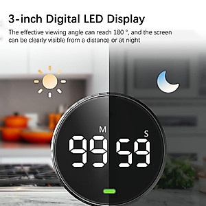 Gvtufeil Cooking Timer, Digital Kitchen Timer with LED Digital Display Visual Rotary Magnetic Countdown Countup Timer for Cooking Baking Studying Teaching, Easy for Seniors and Kids to Use