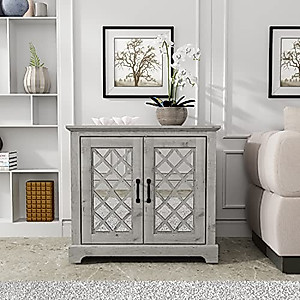 Galano Millicent 2 Door Storage Accent Cabinet - Modern Buffet with 2 Mirror Doors 2 Tier - Organizers and Storage – Console for Entryway - Hallway or Living Room - (Mexican Grey)