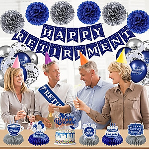 Roetyce Retirement Party Decorations for Men Women, 32PCS Blue Silver Happy Retirement Banner Balloons Honeycomb Cake Topper Pompoms Kit, Blue Retired Sash for Coworker, Office Retirement Supplies