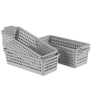 Plastic Storage Basket - 4 Pack Plastic Storage Basket Tray, Gray Stackable Plastic Weave Basket, Organizing Baskets for Home Bathroom Kitchen or Office Desktop