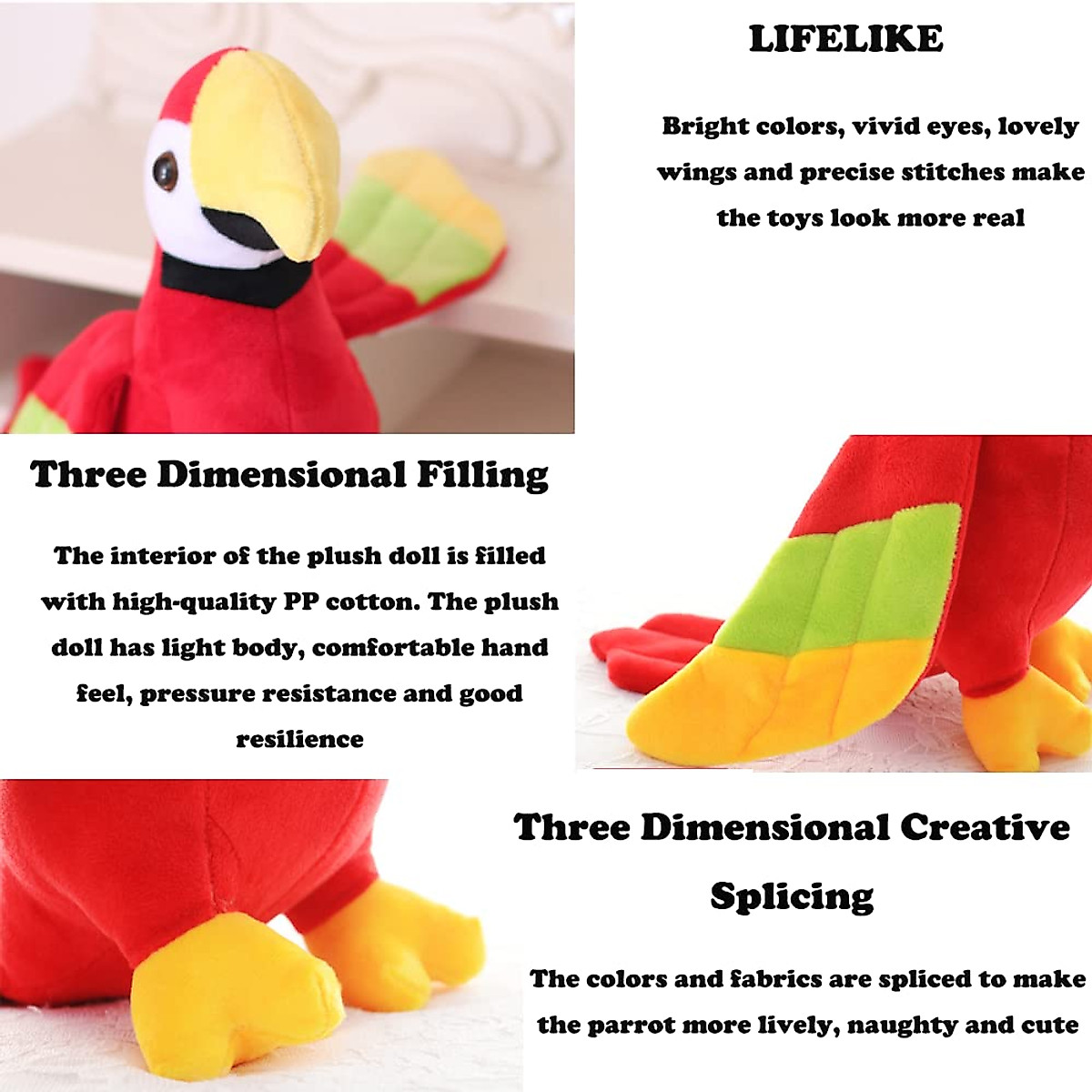 CHELEI2019 9.8" Parrot Plush Stuffed Animal Bird Soft Cute Realistic Red Parrot Toy for Kids