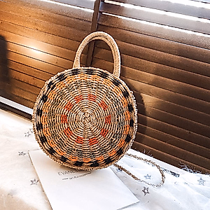 QTKJ Hand-woven Boho Women Straw Summer Beach Bag, Colorful Round Rattan Bag Cross Body Bag Shoulder Messenger Satchel (Khaki)