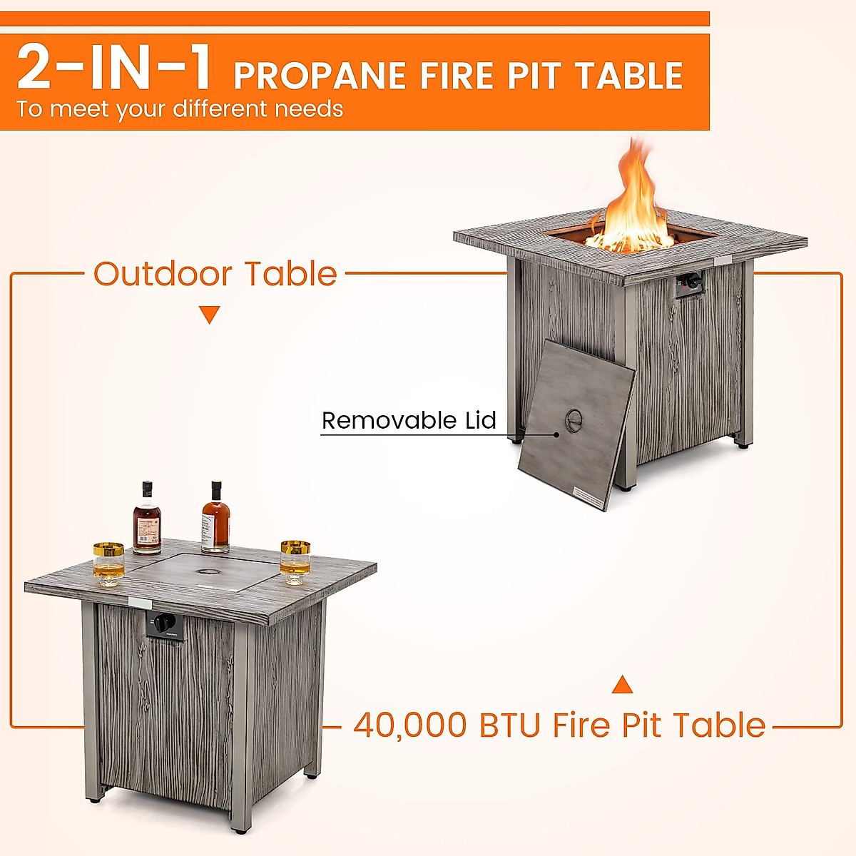 HAPPYGRILL 28” Propane Fire Pit Table, 40,000 BTU Outdoor Propane Gas Fire Table with Wood-Like Tabletop, Lid and Lava Rocks, Square Auto-Ignition Propane Firepit with PVC Cover