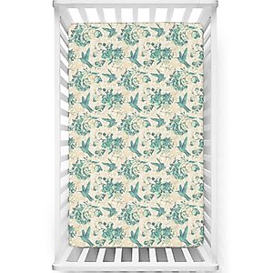 Vintage Rose Themed Fitted Mini Crib Sheets,Portable Mini Crib Sheets Soft Toddler Mattress Sheet Fitted-Baby Sheet for Boys Girls,24“ x38“,Mint Green Beige Pale Eggplant Pale