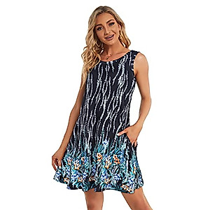 Summer Dresses for Women Beach Floral Tshirt Sundress Sleeveless Pockets Casual Loose Tank Dress(Deep Blue Floral,M)