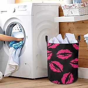 Purple Lips on Black Laundry Hamper Basket Bucket Foldable Dirty Clothes Bag Waterproof Fabric Washing Bin Toy Storage with Handles for Bathroom Bedroom