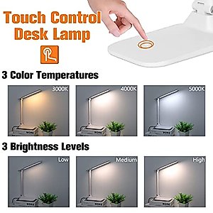 AVV LED Desk Lamp, Desk Lamps for Home Office, Dimmable Eye-Caring Desk Light with 3 Color Modes, Touch Control Adjustable Table Office Lamp, Foldable Desk Lamp with Adapter, White