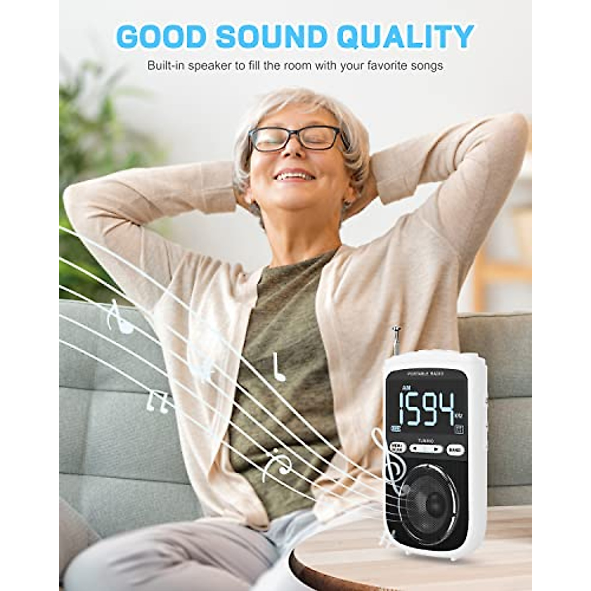 Greadio Portable AM FM Radio, Walkman Transistor Battery Radio with Rechargeable 900mAh Battery, Best Reception, Digtal LCD Screen, Time Seting Pocket Mini Radio for Home, Office, Kids (White)