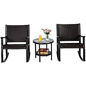 RELAX4LIFE 3-Piece Rocking Bistro Set - PE Wicker Outdoor Rocking Chair Furniture Set w/Side Table and Extra Storage Shelf, Patio Conversation Set for Porch, Balcony Deck