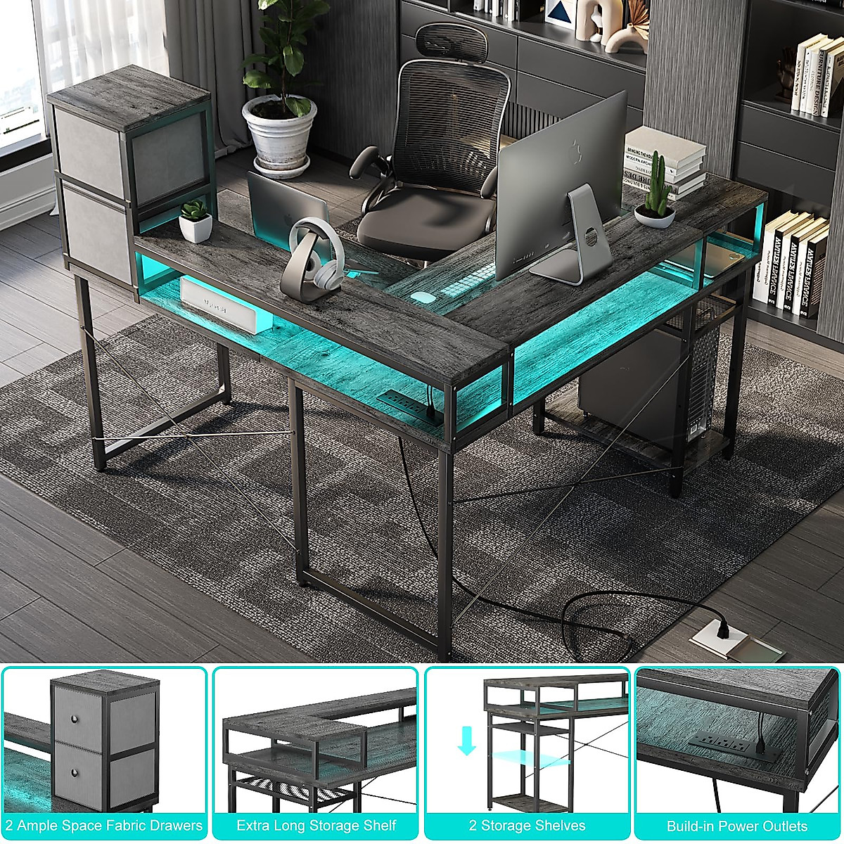 armocity L Shaped Desk with Drawers, Reversible Corner Computer Desk with LED Light & Power Outlet, 50'' L-Shaped Gaming Desk with Long Monitor Shelf, Home Office Desk for Small Corner Space, Grey
