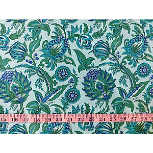 Craftbot Hand Block Print Fabric by The Yard - PRECUT 3 Yards 42 inch Width - 100% Cotton Material - Green Floral Pattern - Light Weight Indian Cloth for Making Kurti Summer Dress Salwar Kameez etc