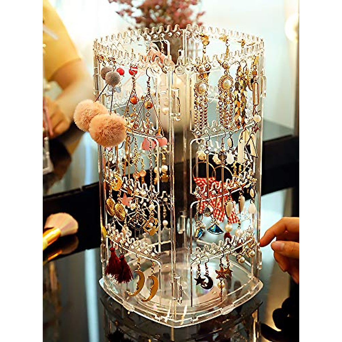 Cq acrylic 360 Rotating Earring Holder Organizer Clear Jewelry Displays Dangle Earinging Rack Necklace Bracelet Carousel Tree Towers,4 Tier Hanging Earring Display Stands For Selling,Pack of 1