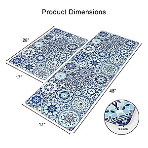 Crisjanggo 2PCS Kitchen Rugs and Mats, Blue Memory Foam Cushioned Anti Fatigue Comfort Floor Mat Non Slip PVC Waterproof Kitchen Carpet Set for Kitchen Laundry Sink 17"x48"+17"x28"