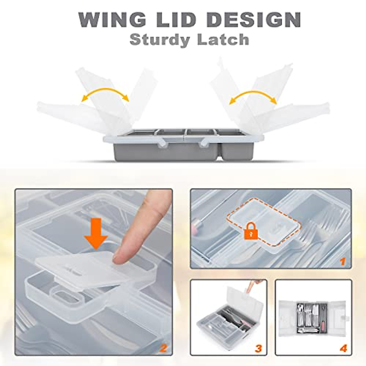 YICOCHI Portable Utensil Holder for Countertop with Lid & Handle, Plastic Silverware Tray for Drawer Flatware Organizer, Gray