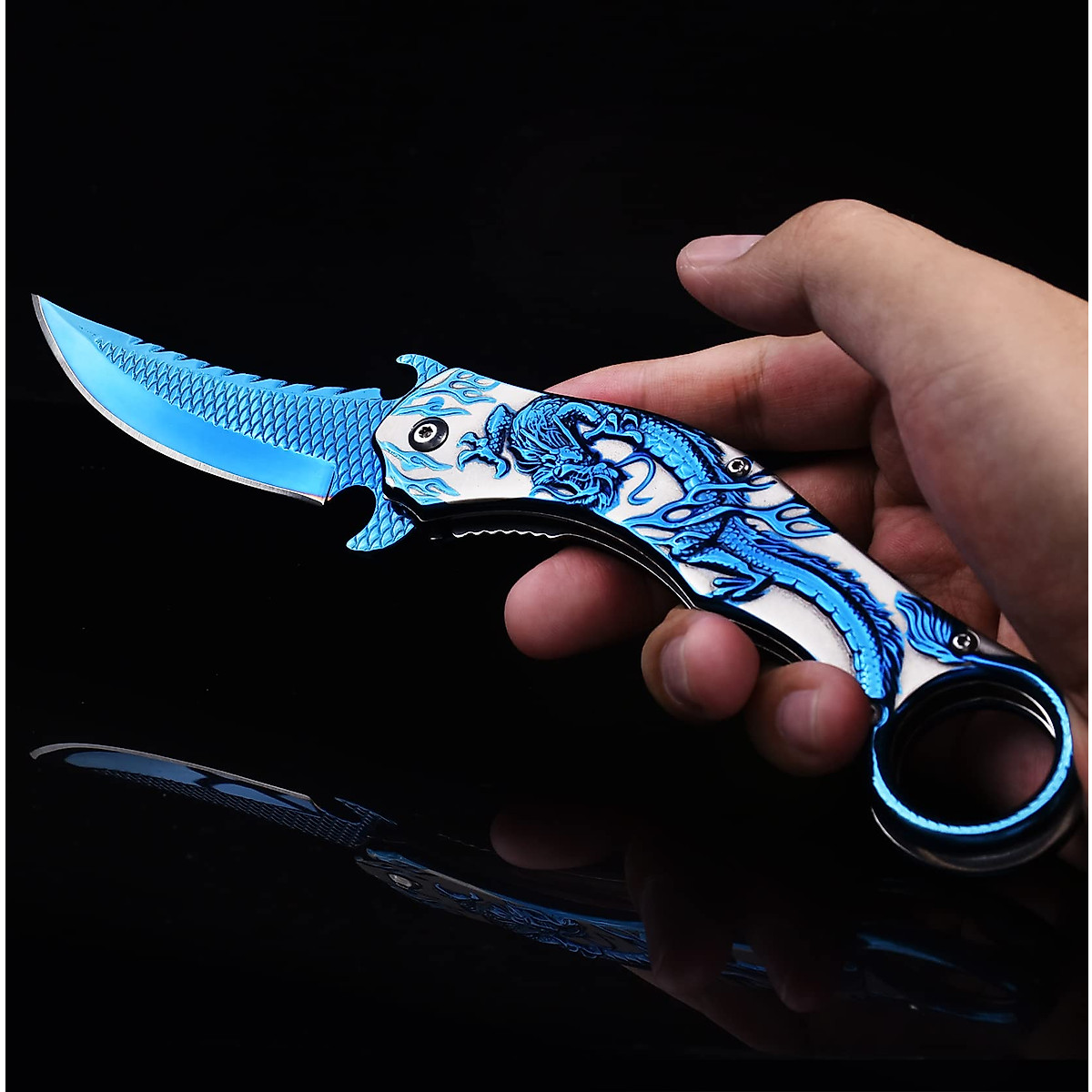 Pocket Knife for Men, Cool Folding Knife With 3D Golden & Blue Dragon Relief, Great Gift Edc Knife For Men Outdoor Survival Camping Hiking Hunting