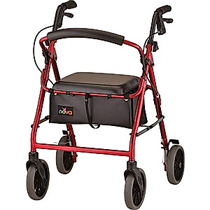 NOVA Zoom Rollator Walker with 22” Seat Height, Rolling Walker with Locking Hand Brakes, Padded Seat and 8” Wheels, Color Red