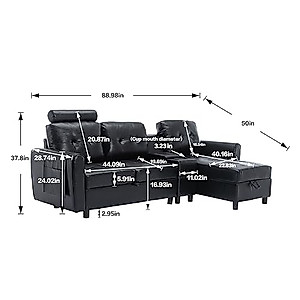 88.98" PU Leather Modular Sectional Sofa with Storage & Cup Holder, Convertible L Shaped Sofa Couch with Chaise, Modern Tufted Convertible Sleeper Sofa Set for Living Room,Black