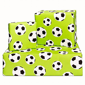 CENTRAL 23 - Fun Wrapping Paper for Boys - 6 Sheets of Birthday Gift Wrap - Soccer - Football Wrapping Paper - For Girls - Green White - Recyclable